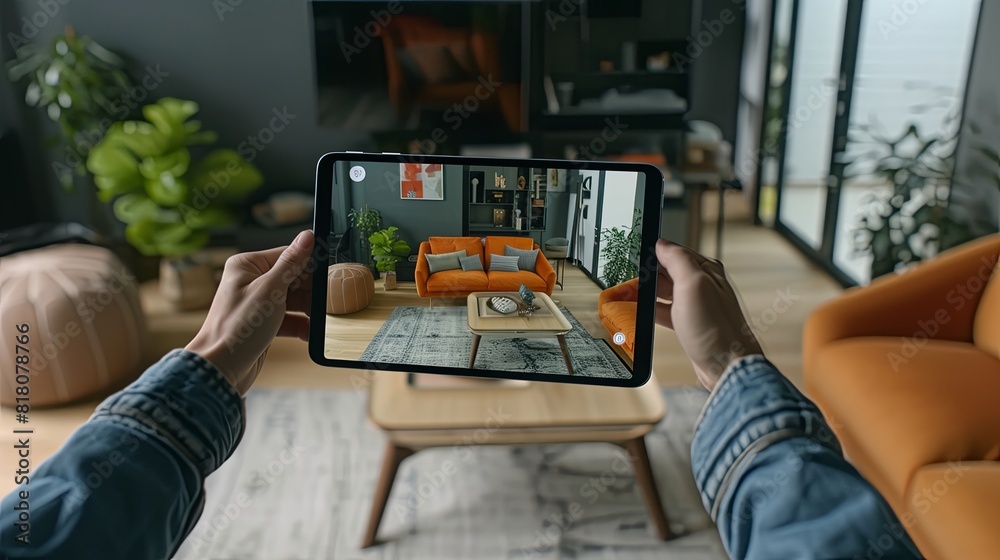 Person using a tablet with augmented reality AR features to visualize a ...