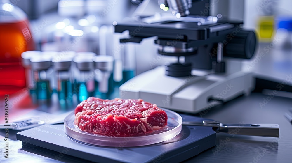 Raw beef sample placed in a sterile Petri dish on a laboratory ...