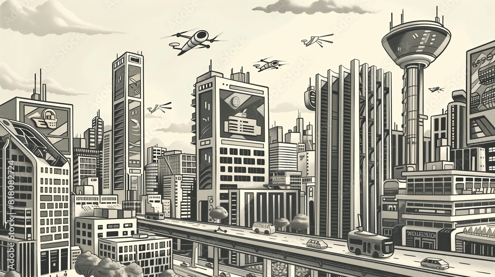 Evolution of Futuristic Cities: Black Ink Line Art of Skyscrapers ...