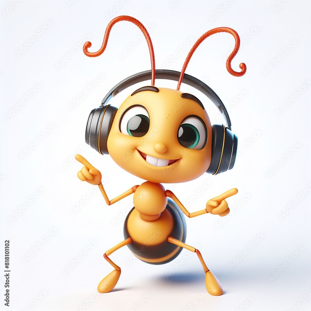 cute 3D funny cartoon an Ant with small wireless headphone on head ...