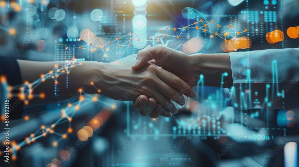 Handshake in a biotech lab, overlaid with DNA analysis and stock market ...
