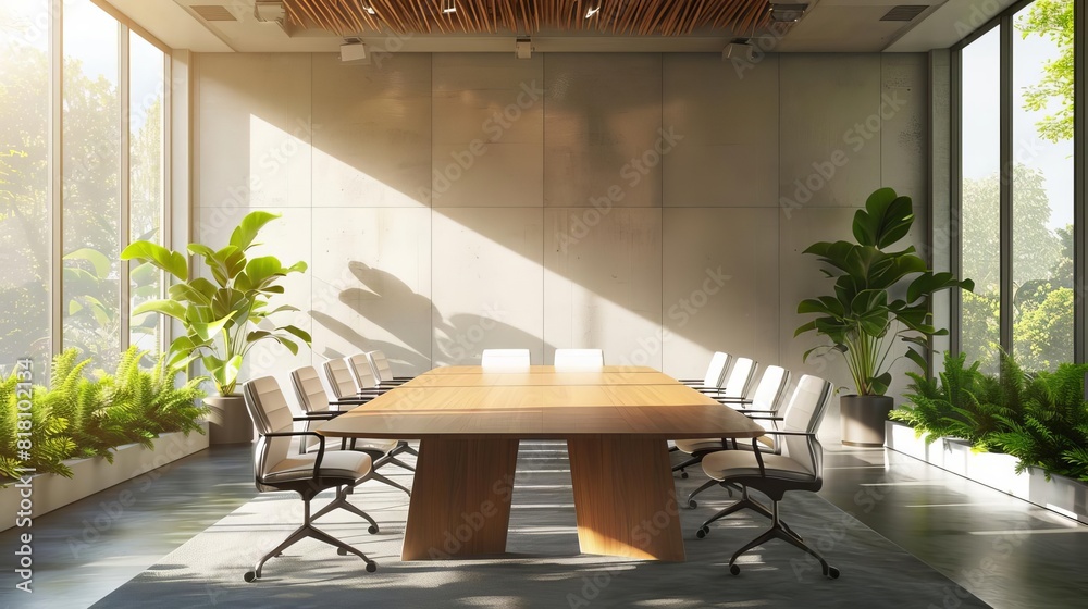 modern conference room with long table and green plants oil painting ...