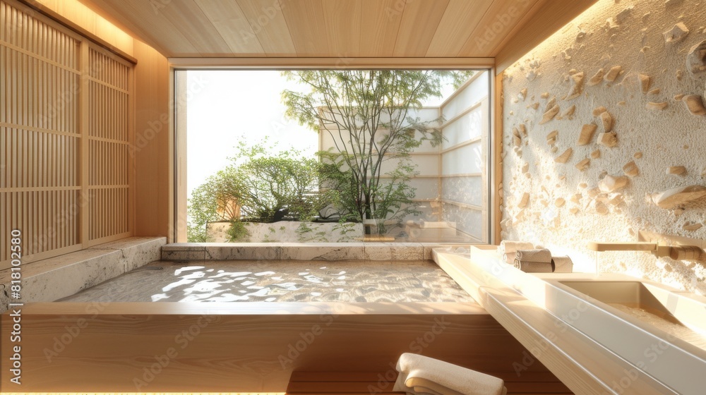 High-detail photo of a contemporary Japanese bathroom with a hinoki ...