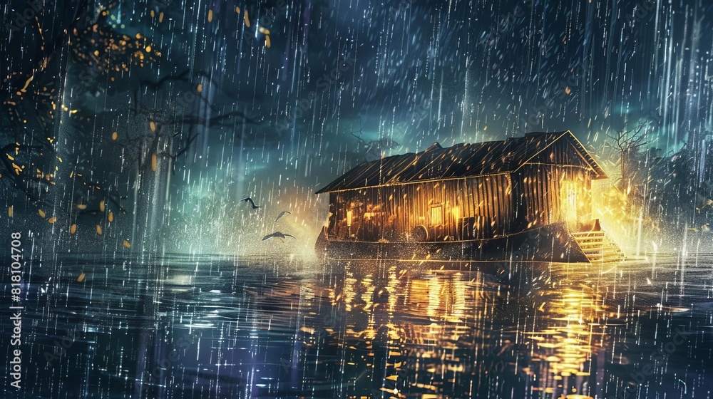noahs ark amidst pouring rain during the great flood biblical scene ...