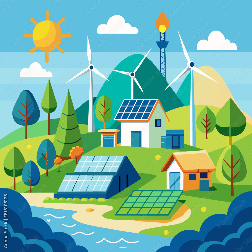 Houses with solar panels and wind turbines in nature. Flat illustration ...