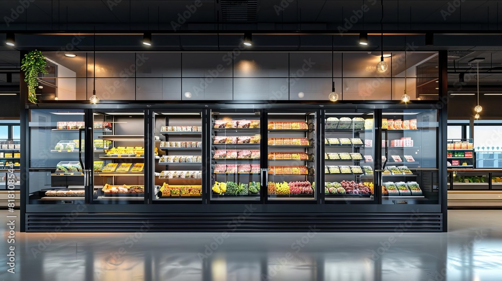 refrigerated frozen food section with illuminated glass door displays ...