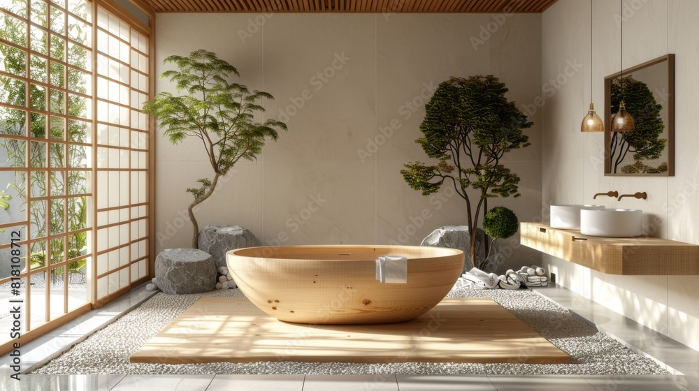 High-quality image of a contemporary Japanese bathroom with a hinoki ...