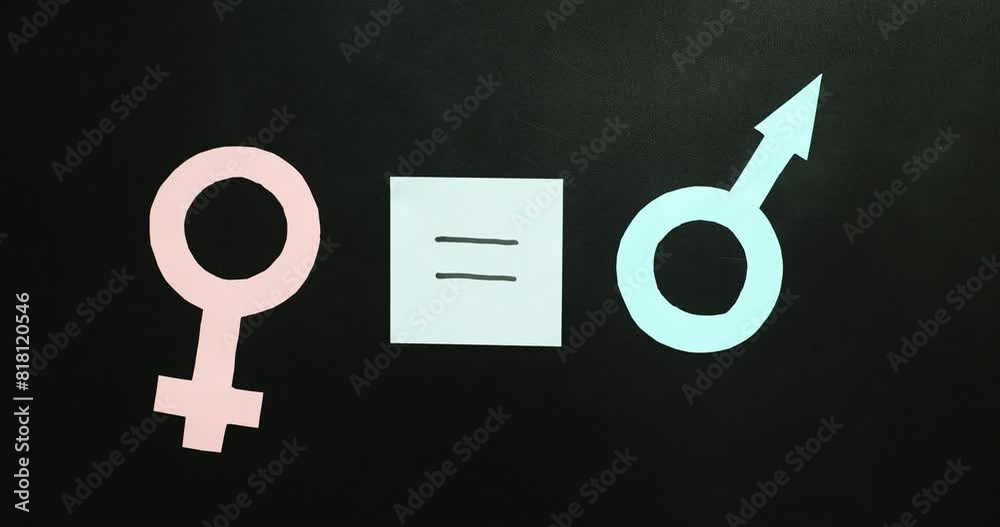 Hand of woman putting equation sign between female and male symbols on ...