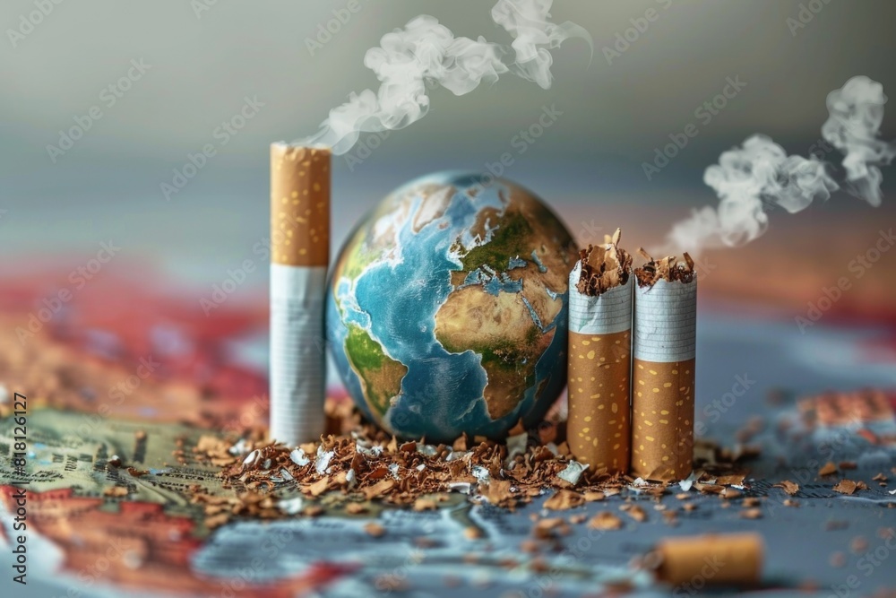 Cigarettes and a globe are on a map with smoke coming out Stock Photo ...
