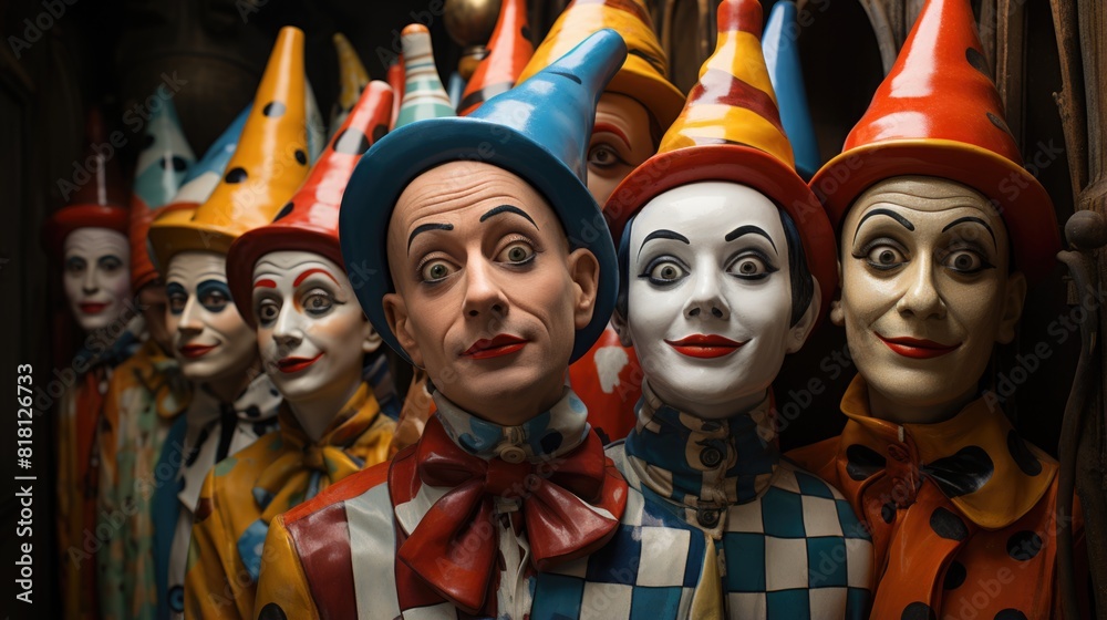 Group of Colorful Clown Figures with Pinocchio Noses in Artistic ...