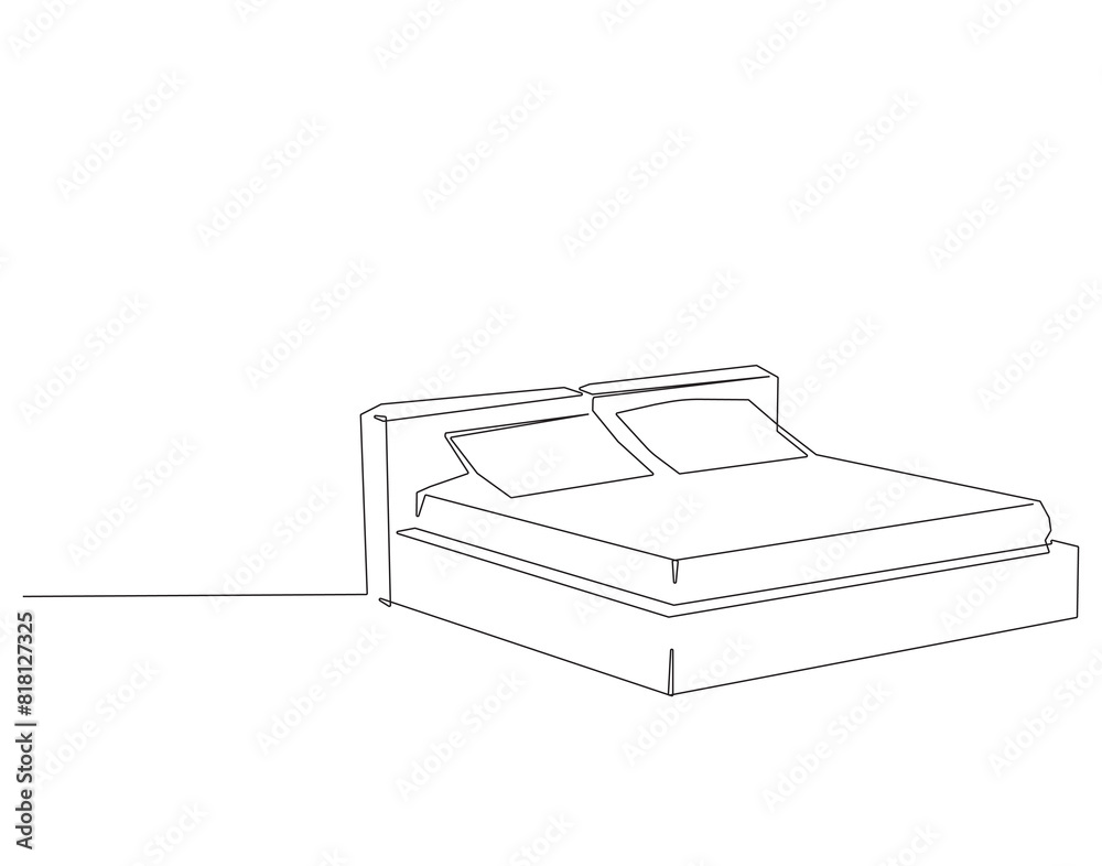Continuous one line drawing of double bed with pillows. One line ...