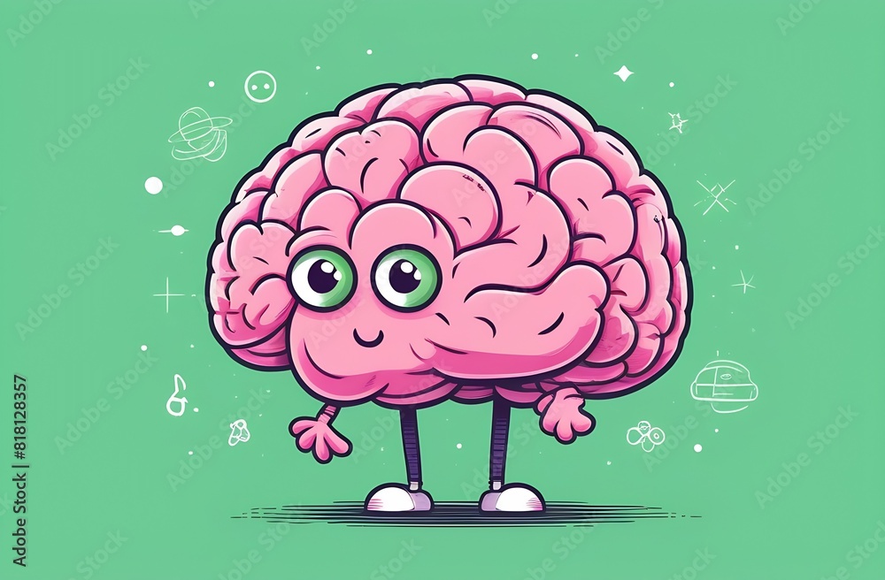 Cartoon pink brain is a healthy organ of the human body, a happy ...