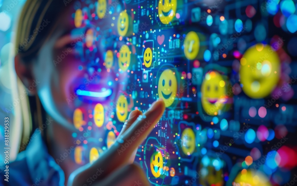 Person selecting a smiling emoji on a screen with various emoticons ...