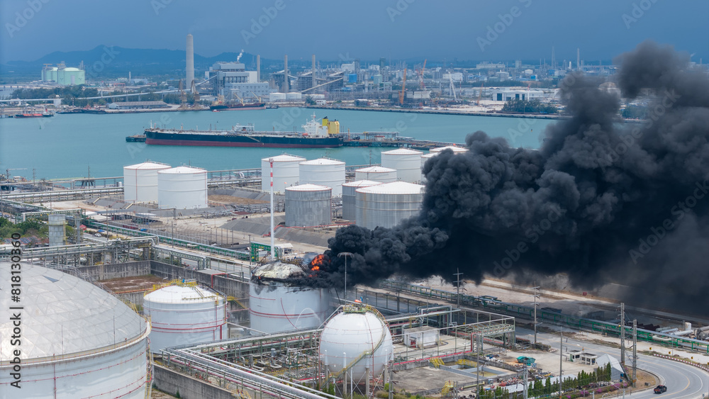 Huge fire exploding smoke at a chemical storage tank in Oil Refinery ...
