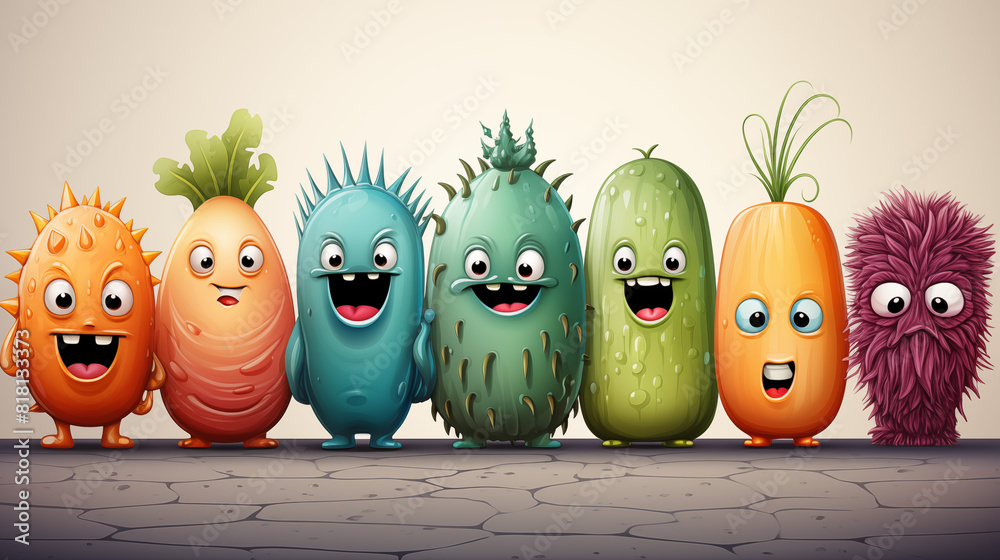 colorful illustrations of happy, funny fruit and vegetable mascots. A ...
