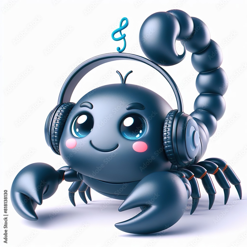 cute 3D funny cartoon a Scorpion with small wireless headphone on head ...