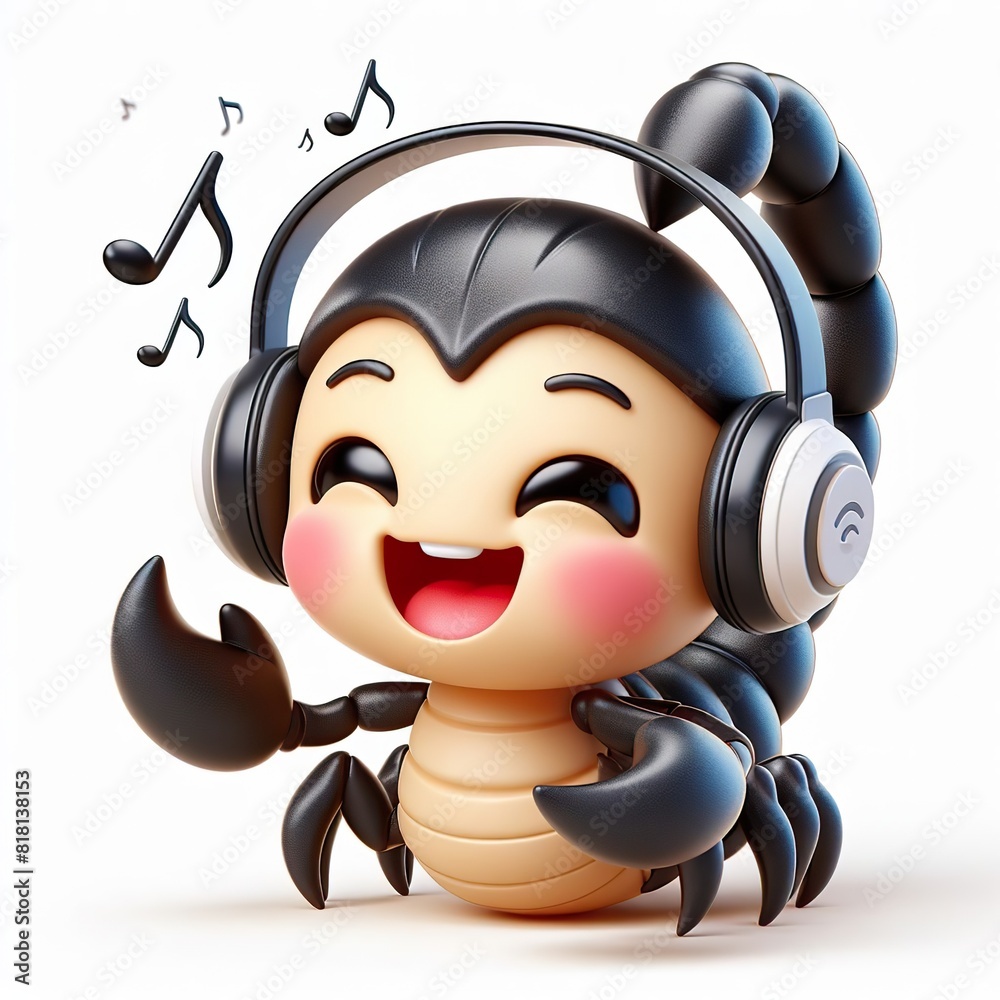 cute 3D funny cartoon a Scorpion with small wireless headphone on head ...