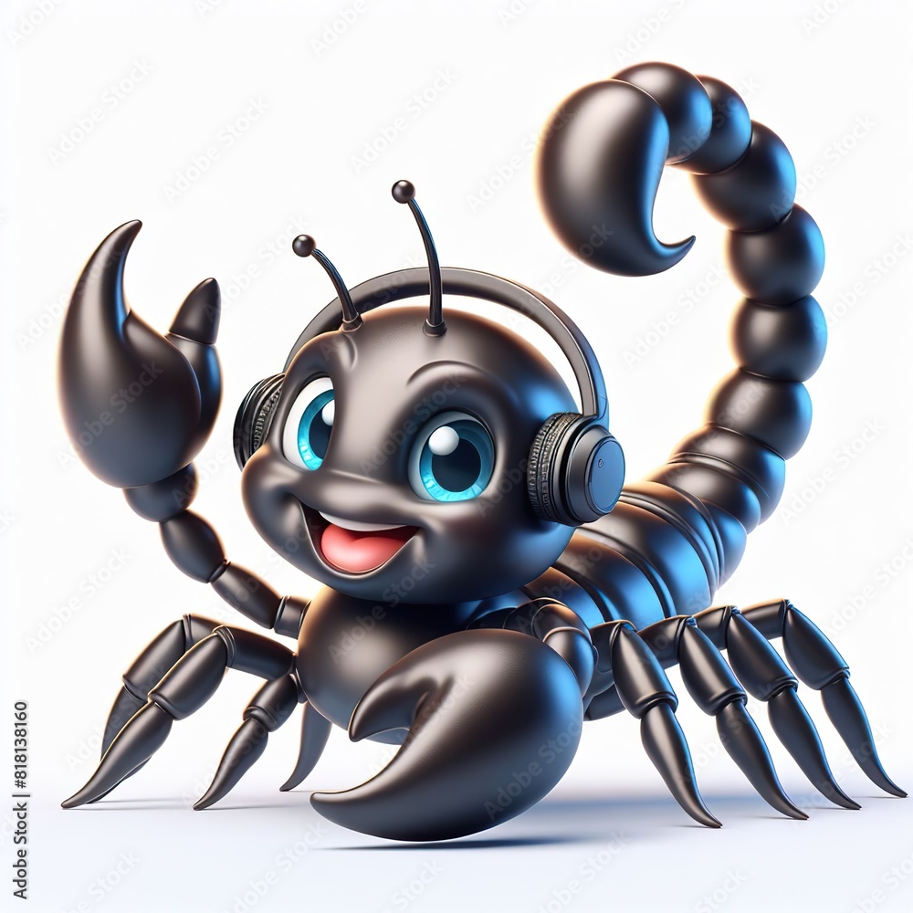 cute 3D funny cartoon a Scorpion with small wireless headphone on head ...