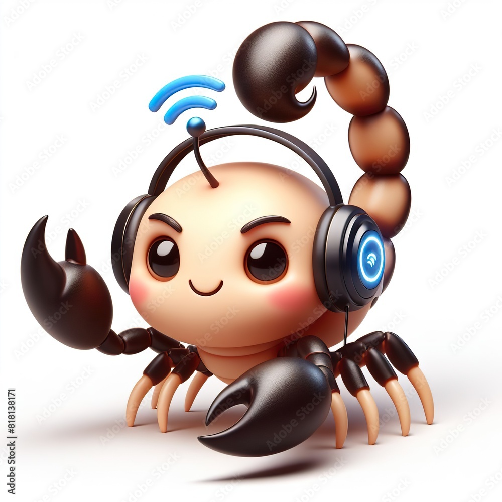 cute 3D funny cartoon a Scorpion with small wireless headphone on head ...