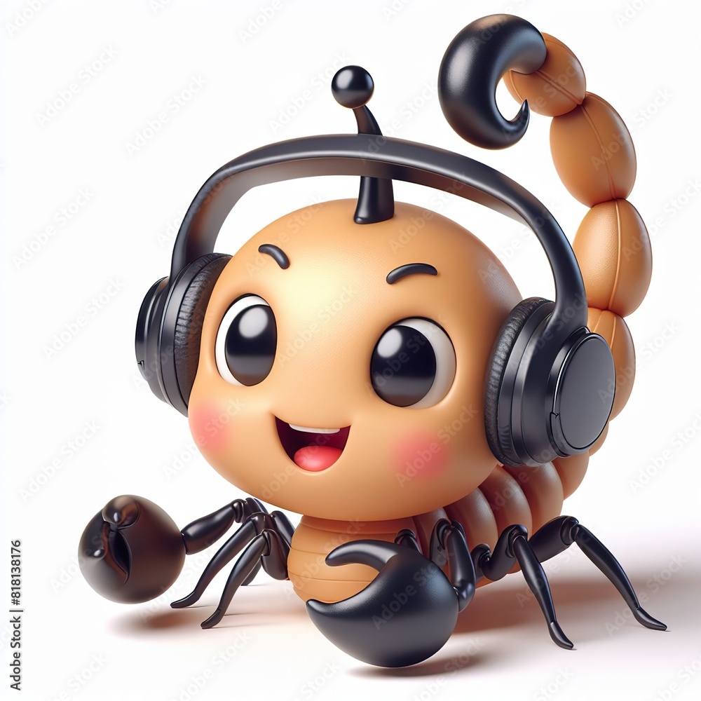 cute 3D funny cartoon a Scorpion with small wireless headphone on head ...