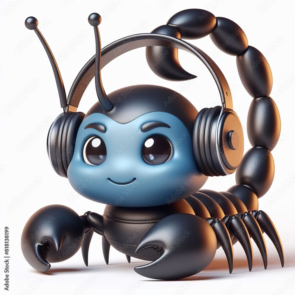 cute 3D funny cartoon a Scorpion with small wireless headphone on head ...