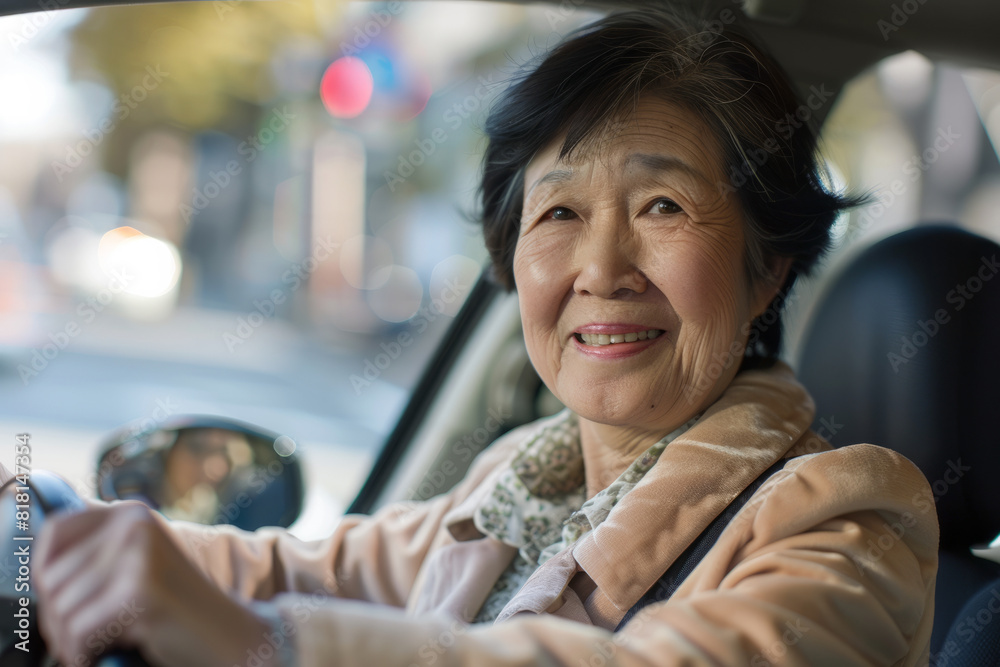 Happy Japanese senior woman behind the wheel, enjoying the freedom of ...