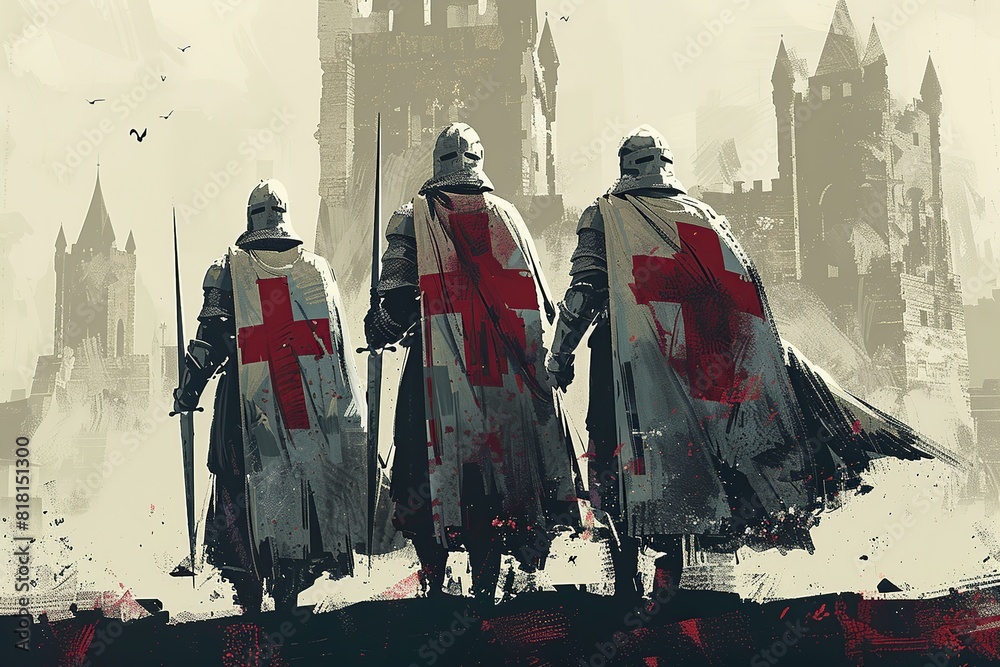 A minimalist illustration of Templar knights, utilizing clean lines and ...