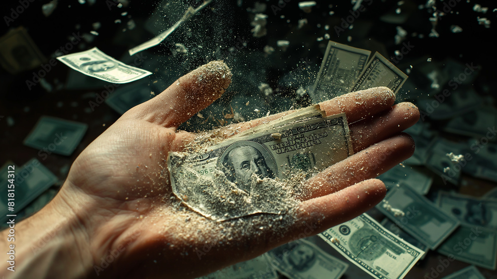 Money notes on a human hand gradually turn into particles and disappear ...