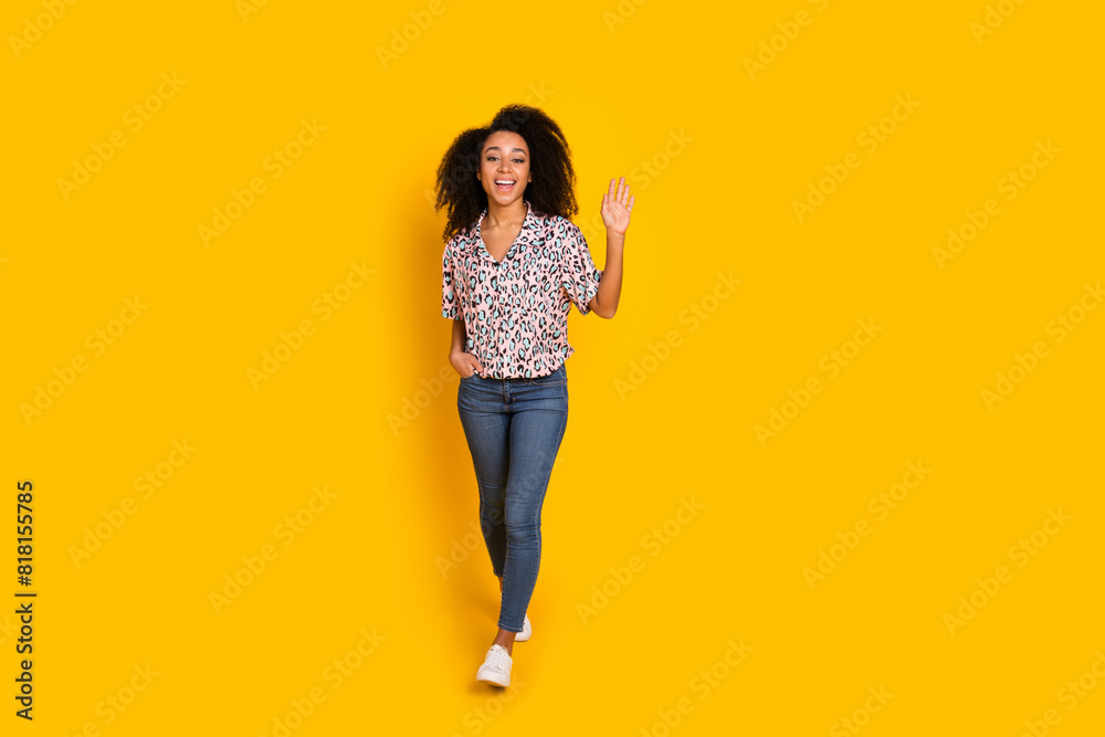 Full length photo of lovely young lady walk wave hand dressed stylish ...