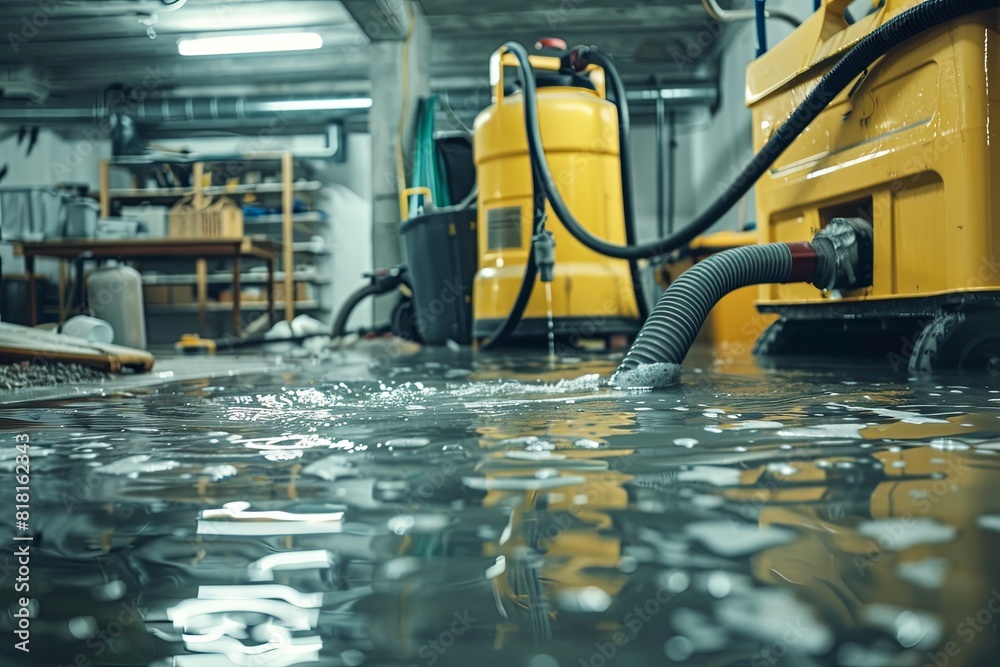 Industrial vacuum equipment sucking up deep floodwater in a flooded ...