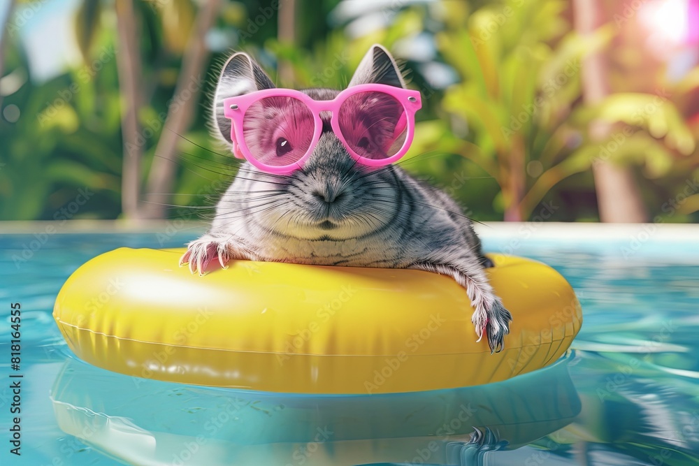Chinchilla with Pink Sunglasses on a Banana Float: A fluffy chinchilla wearing pink sunglasses ...
