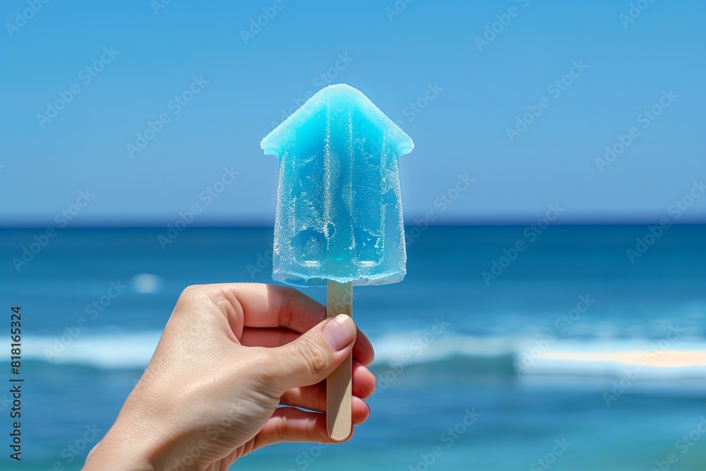 Popsicle in the shape of a house in one hand, in blue colors, summer ...