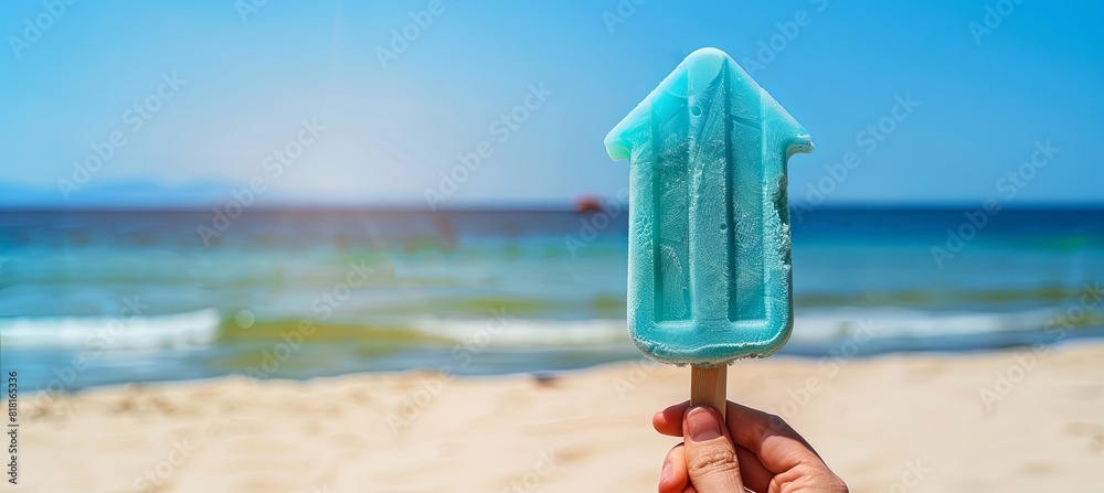 Popsicle in the shape of a house in one hand, in blue colors, summer ...