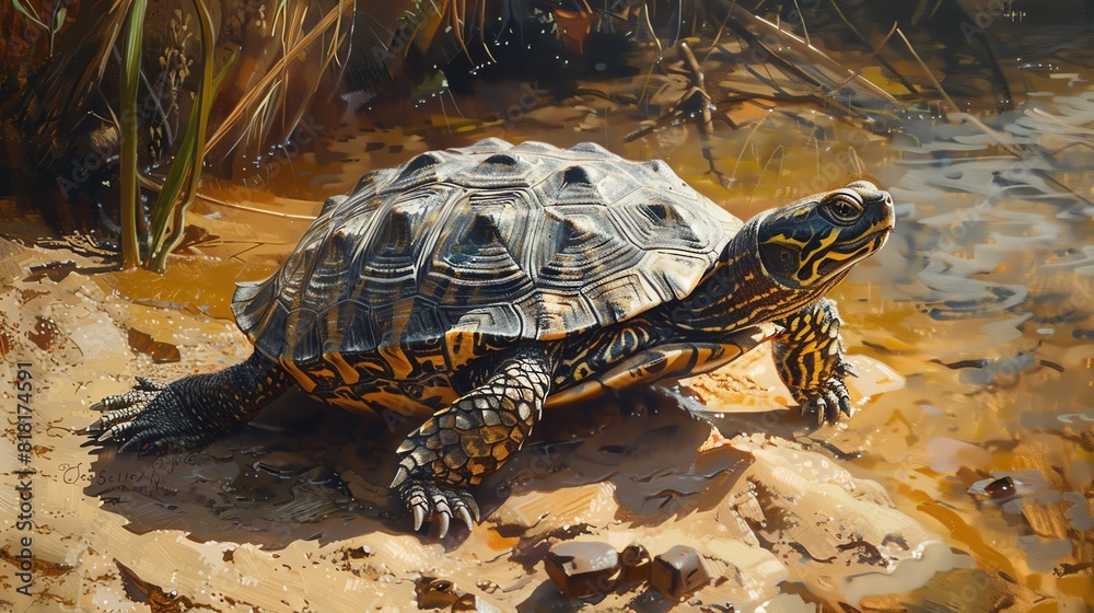 Illustrate a photorealistic scene of a terrapin basking under the sun ...