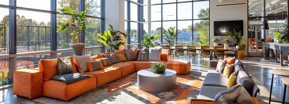 A modern office break room where employees enjoy a stress-relief ...