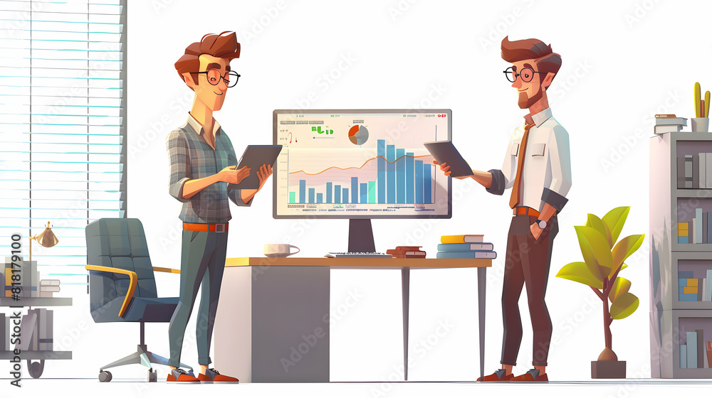 3D Flat Cartoon Concept: Trader Collaborating with a Colleague to ...