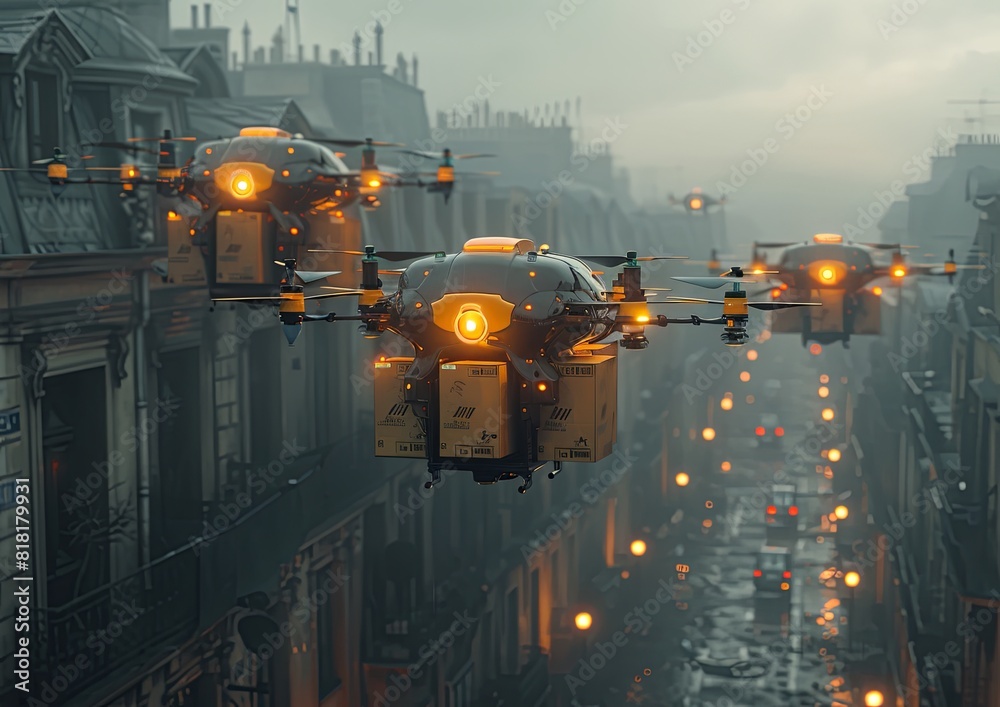 Drones carrying boxes were flying over the city in a photo realistic ...