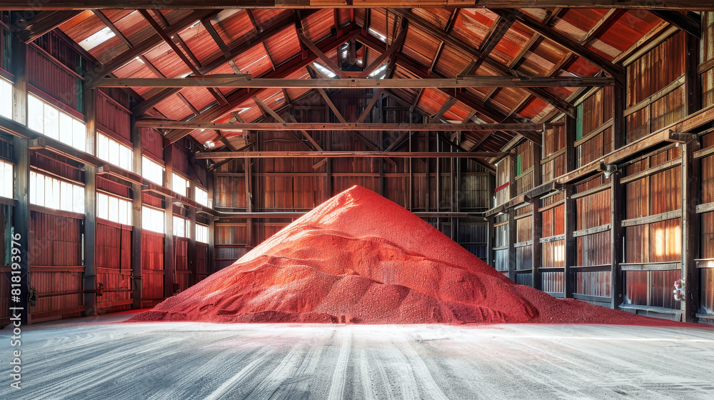 A vibrant red pile of potash fertilizer sits majestically in a rustic ...