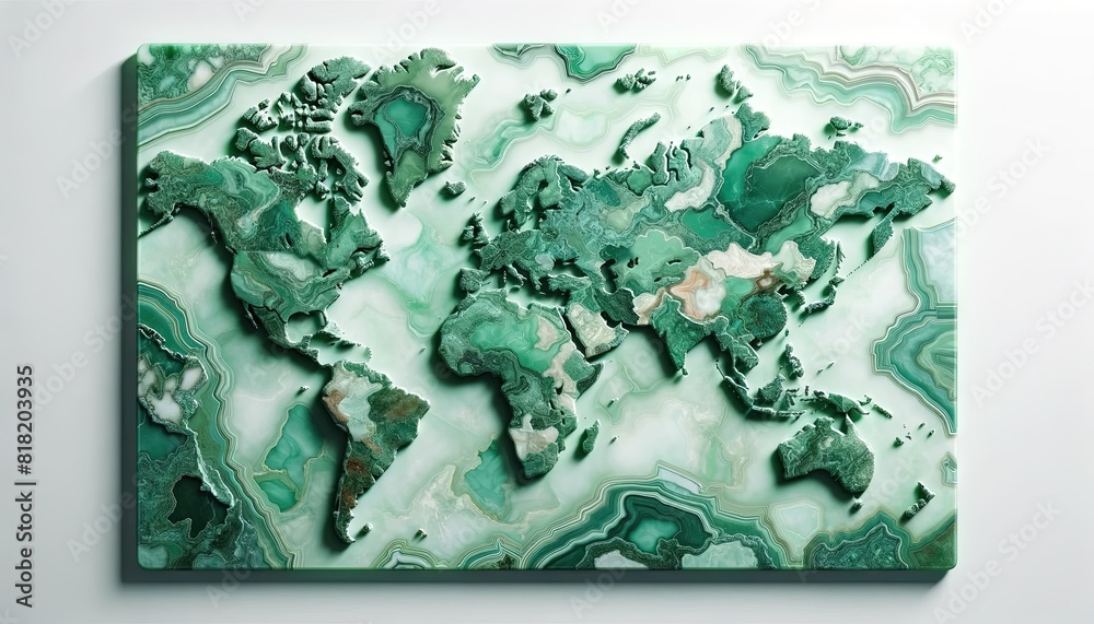 A world map in a full-frame 16_9 landscape ratio, depicted in jade ...