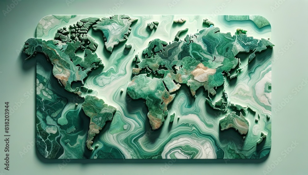 A world map in a full-frame 16_9 landscape ratio, depicted in jade ...