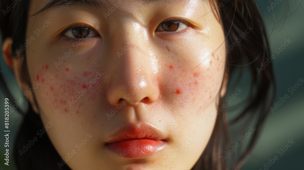 Korean woman, 30 years old. Red spots, pimples on the skin of the face ...