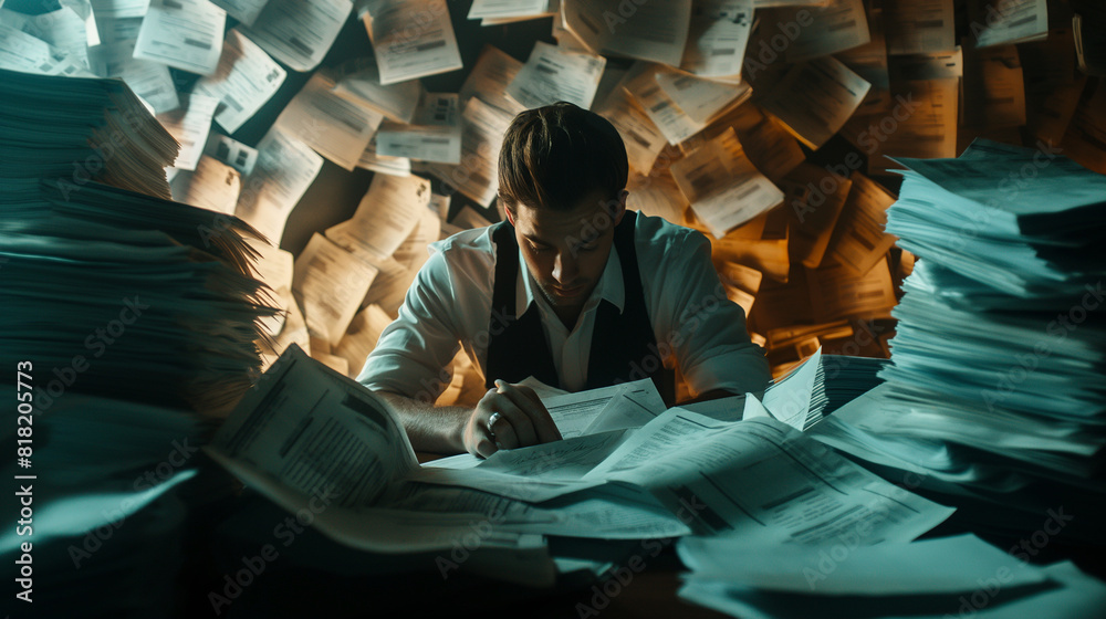 An accountant reviewing a large stack of invoices and receipts ...
