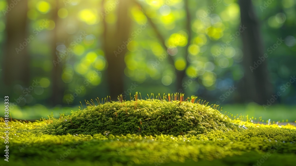 A moss-covered mound, situated in the heart of a forest, exhibits ...