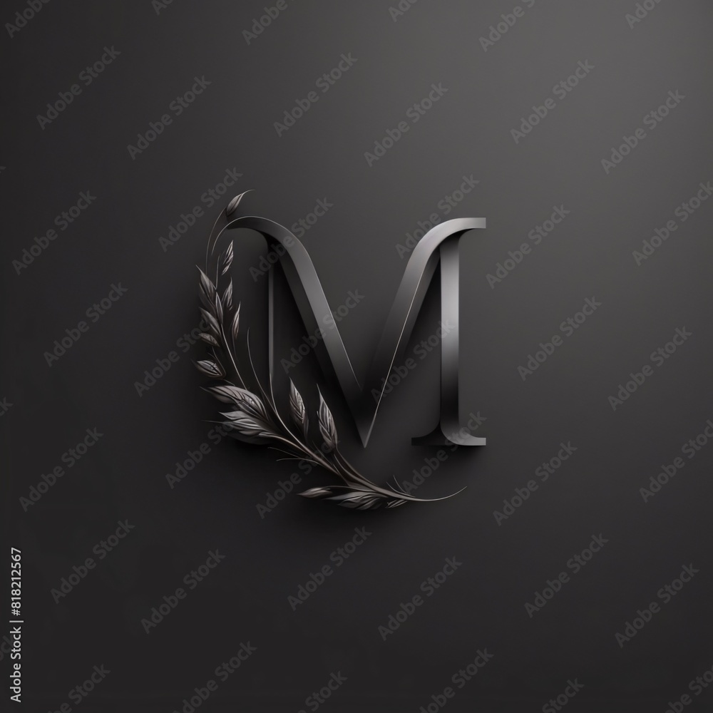 Elegant letter M with leaves on black background. 3D render. Stock ...