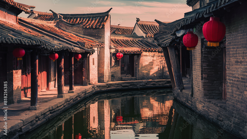 photography of a serene antique traditional chinese town with rustic ...
