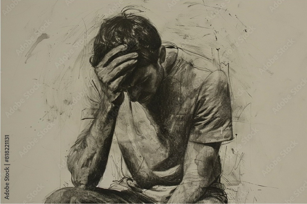 Ultracalistic drawing of a thoughtful guy under stress. Upset ...