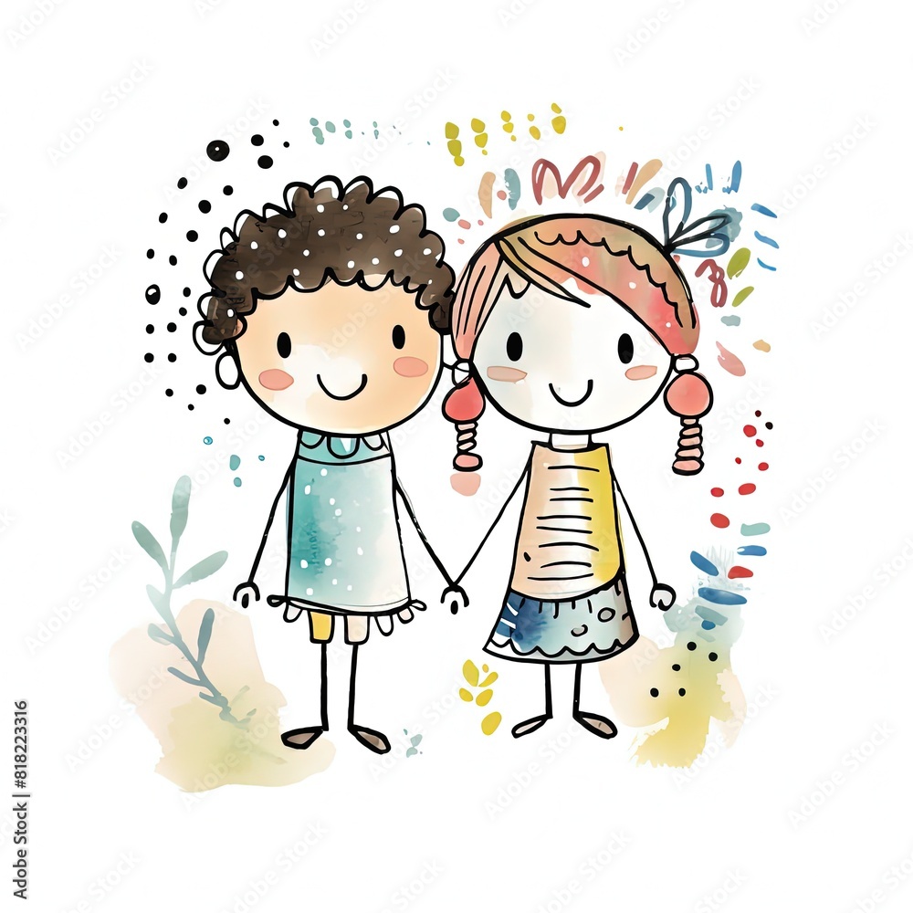 cute boho doodle cartoon illustration of lovely boy and girl couple ...
