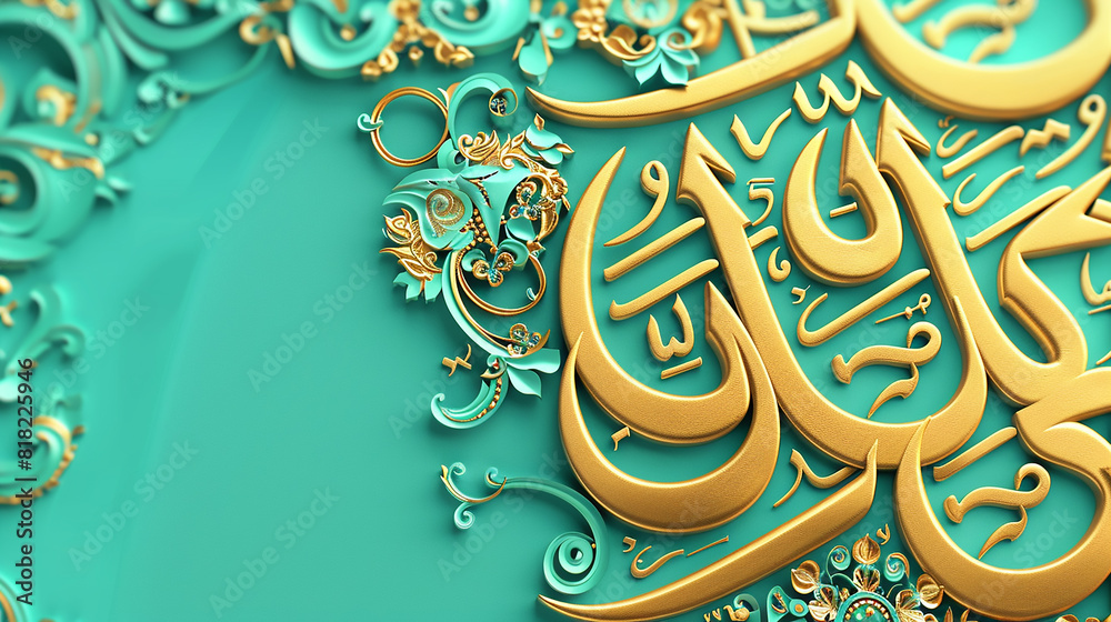 Vibrant Teal and Gold Arabic Calligraphy A vibrant 3D realistic ...