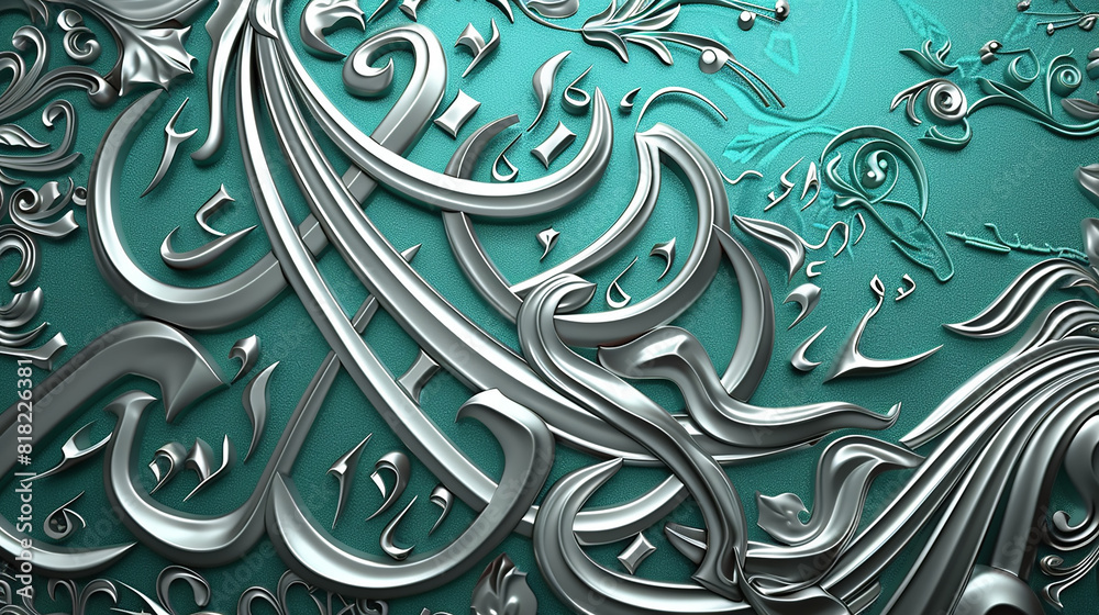 Vibrant Teal and Silver Arabic Calligraphy A vibrant 3D realistic ...