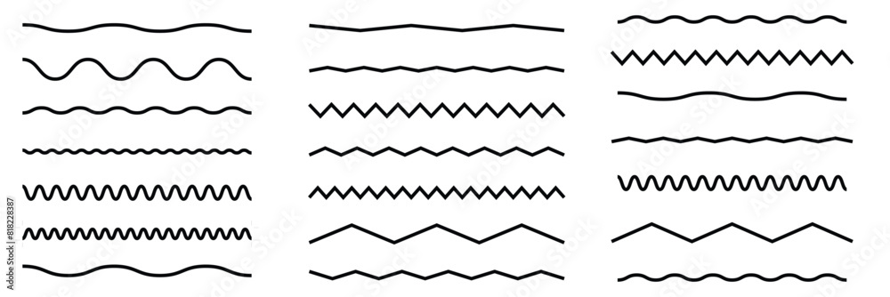 Wave line and wavy zigzag pattern lines. Vector black underlines, smooth end squiggly horizontal ...